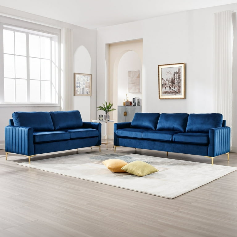 Muumblus 2 Pieces Velvet Living Room Sets Modern 2 Seater Loveseat Sofa and 3 Seater Sofa Couch Navy Blue