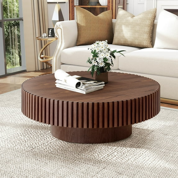 Muumblus 39.37" Large Walnut Coffee Table, Round Wood Modern Unique ...