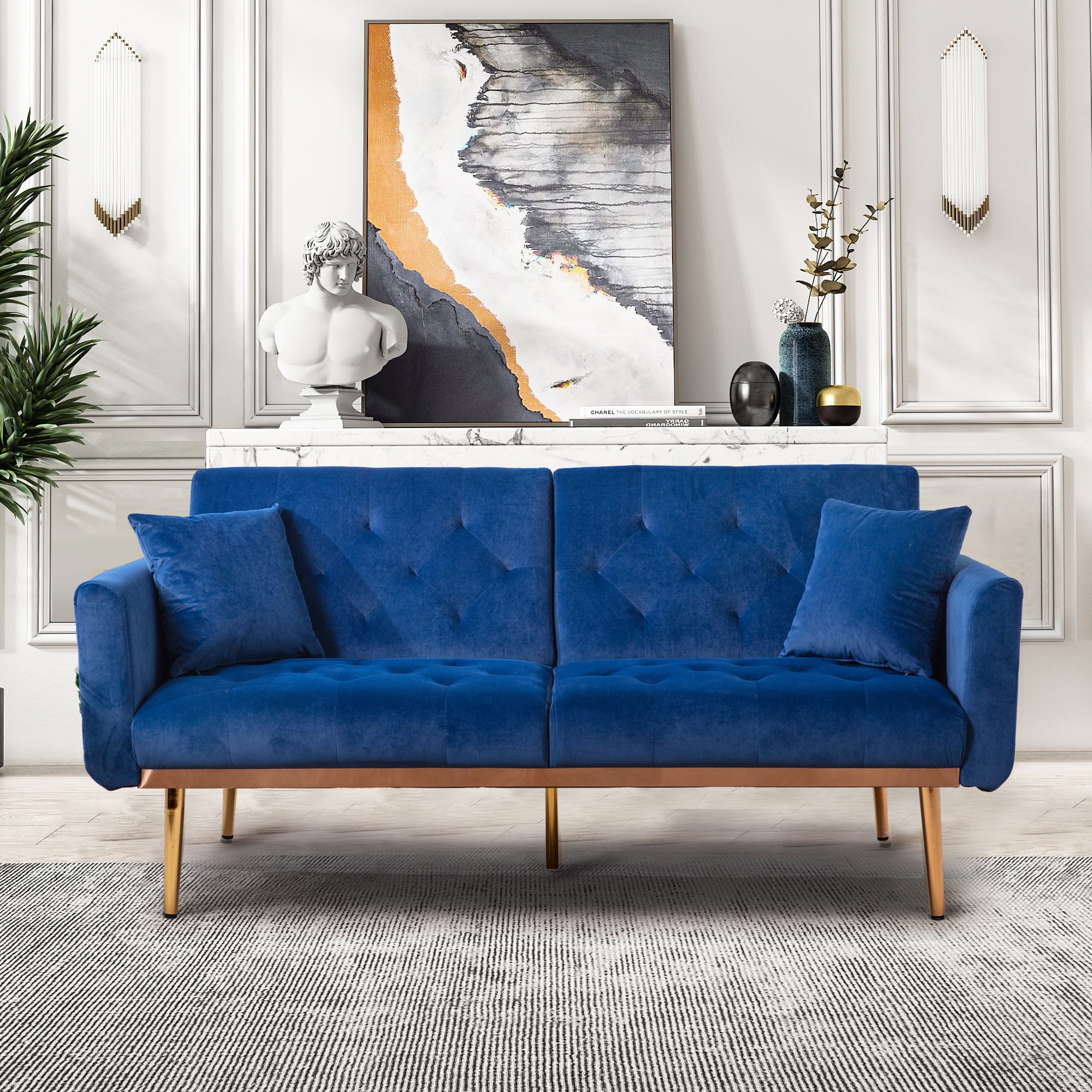 Muumblus 64 Velvet Futon Sofa Bed with 5 Golden Metal Legs Sleeper Sofa Couch with Two Pillows Convertible Loveseat for Living Room and Bedroom