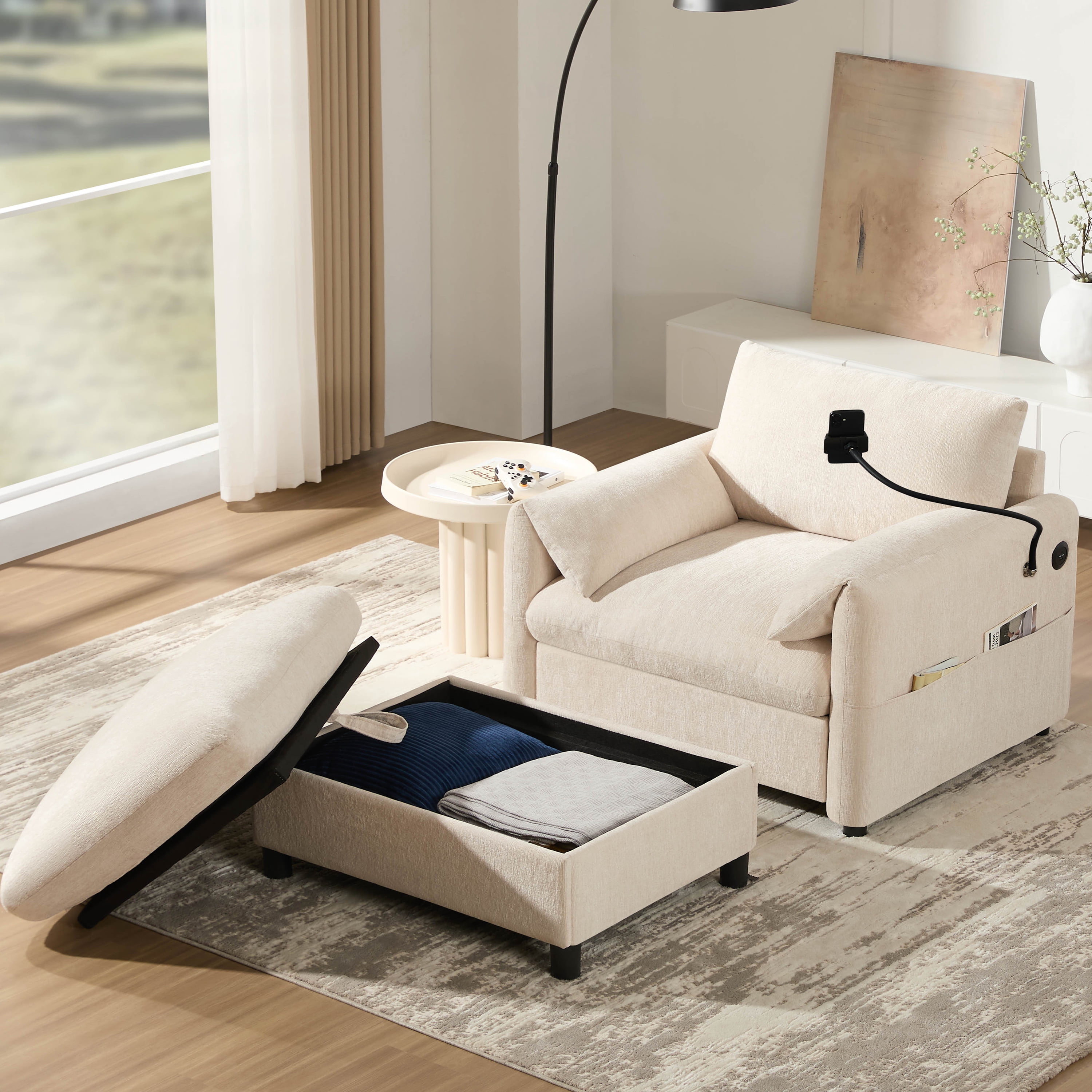 Muumblus Accent Armchair with Storage Ottoman & USB & Phone Stand ...