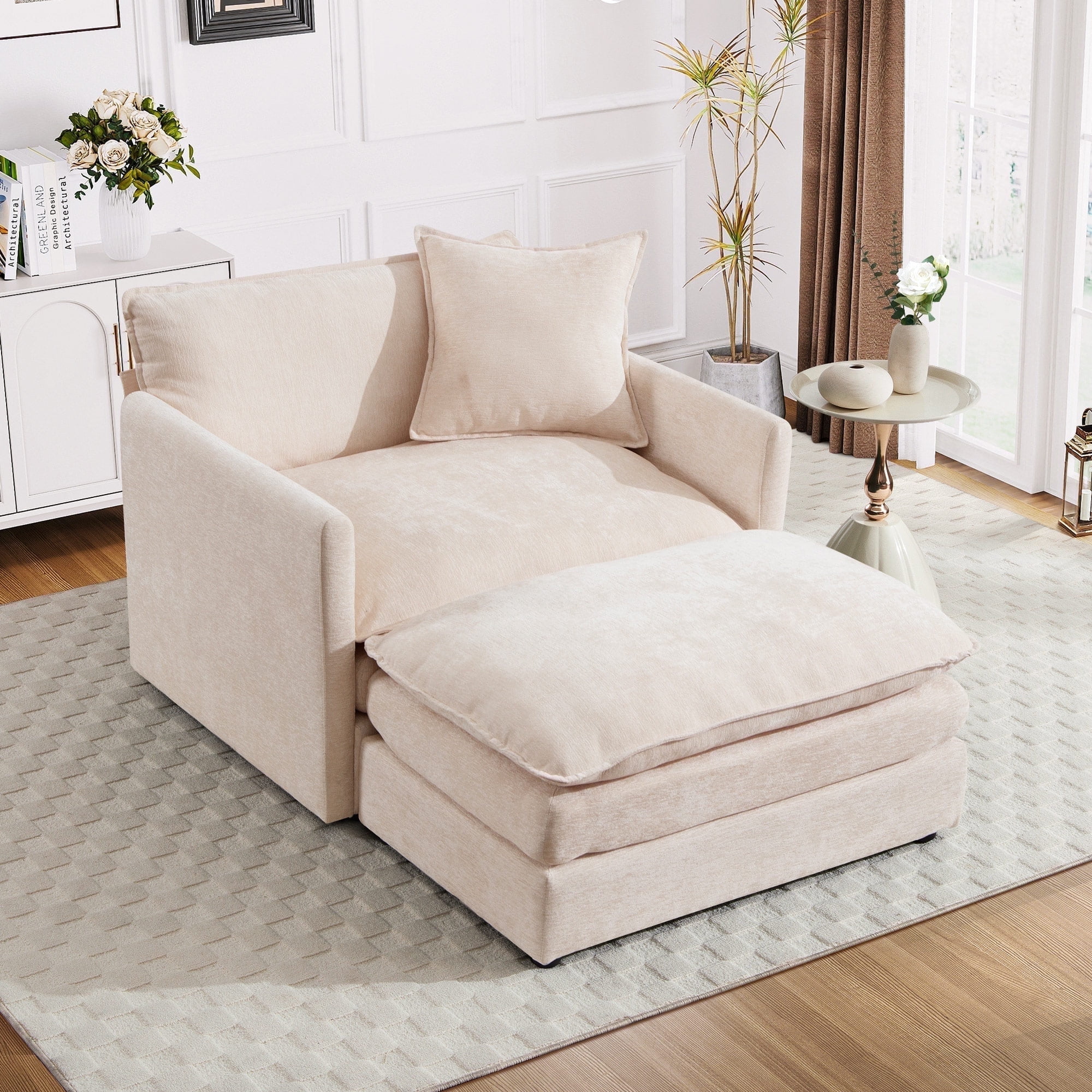 "Muumblus Oversized Lounge Chair with Ottoman, Beige Chenille Accent ...