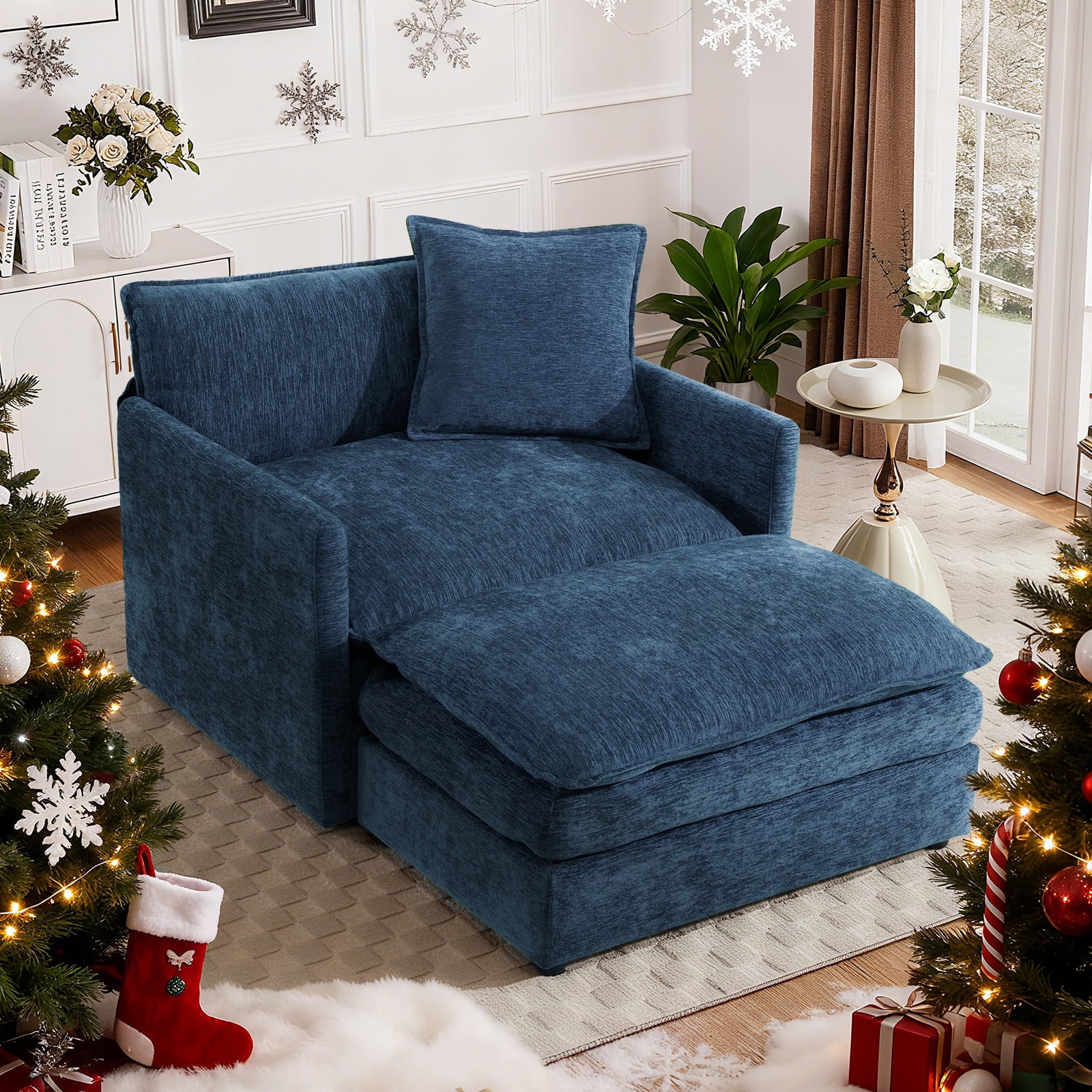 "Muumblus Oversized Lounge Chair with Ottoman, Blue Chenille Accent ...