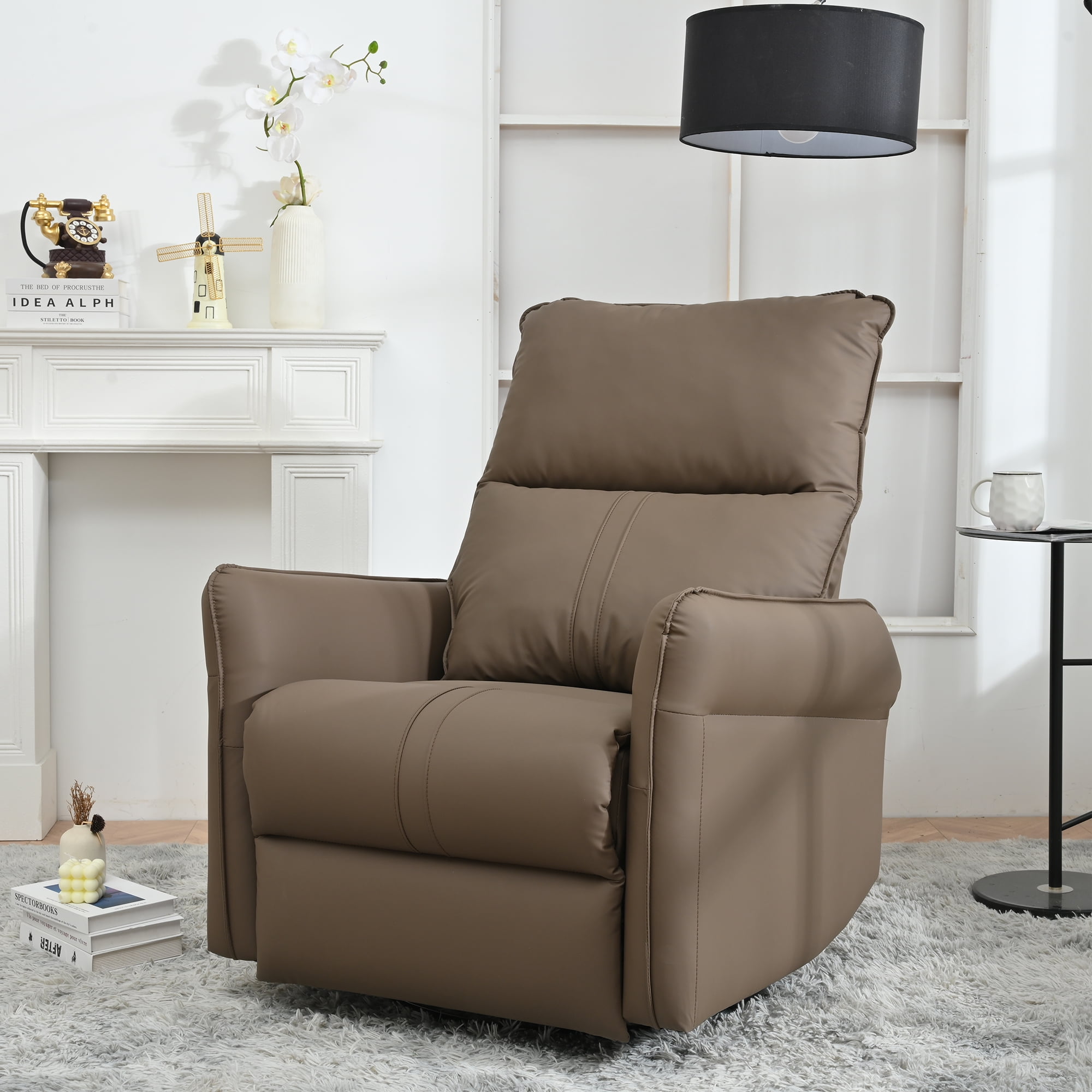 Muumblus Power Swivel Glider Rocker Recliner in Brown Faux Leather ...