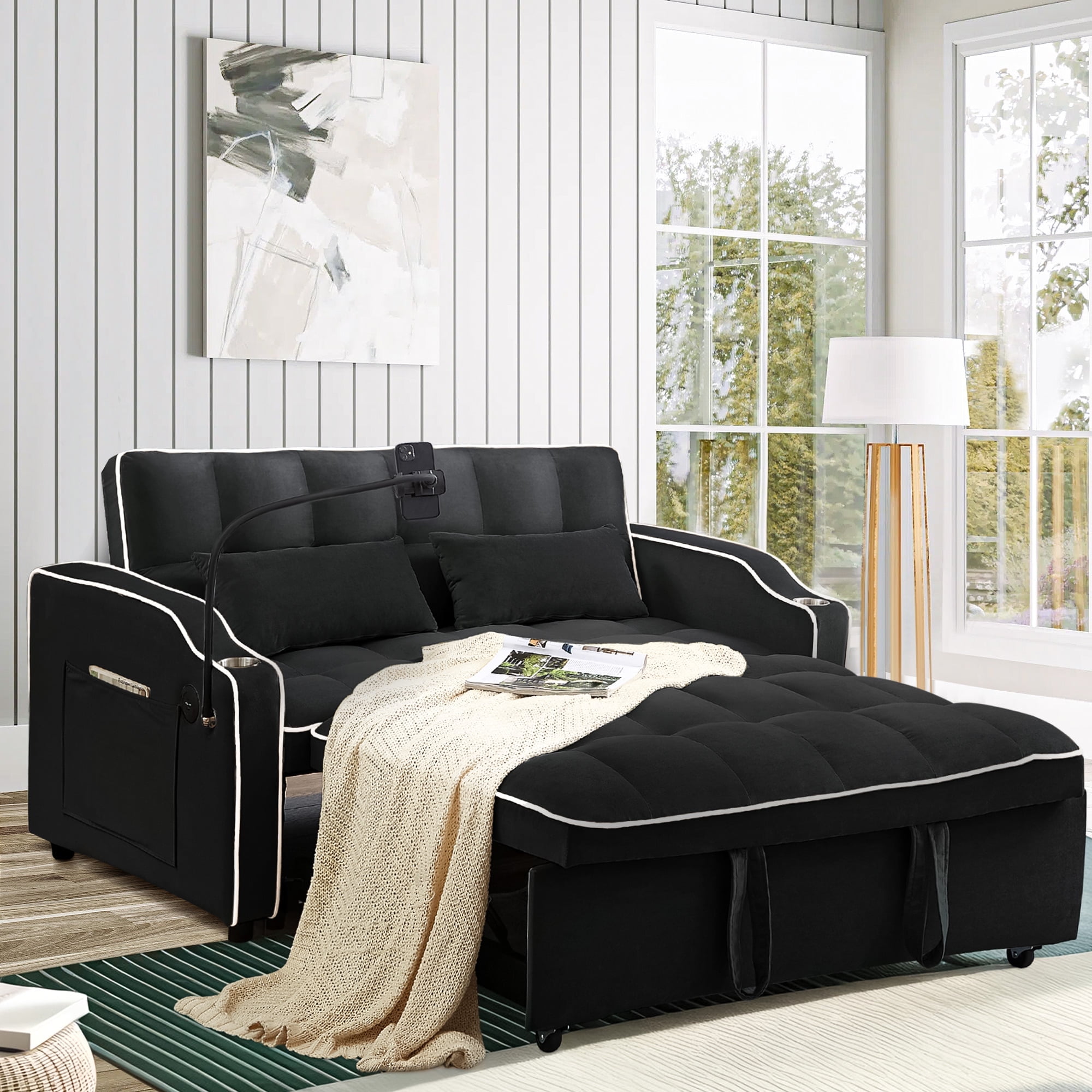 Muumblus 3-in-1 Convertible Velvet Loveseat Sleeper Sofa with USB Port ...