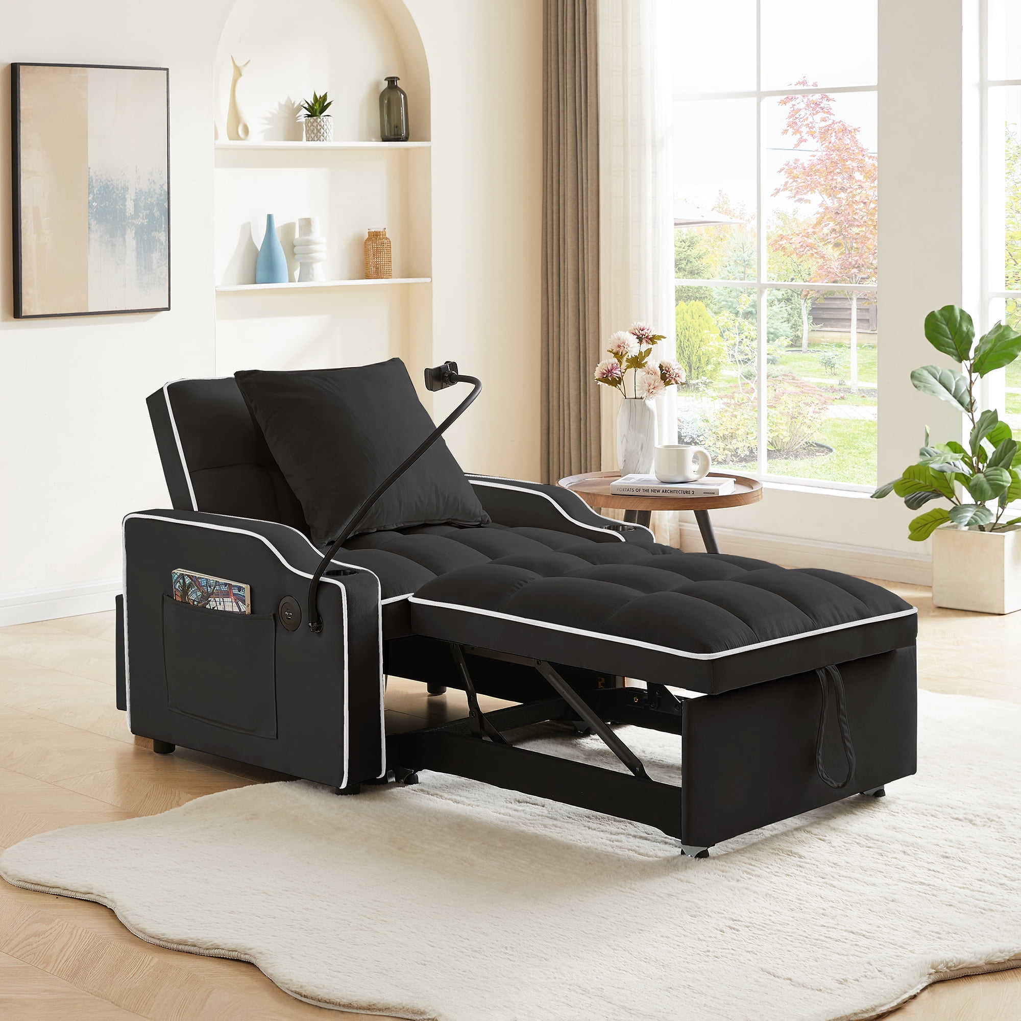 Muumblus 3-in-1 Convertible Sleeper Sofa Chair Bed, Black Velvet with ...