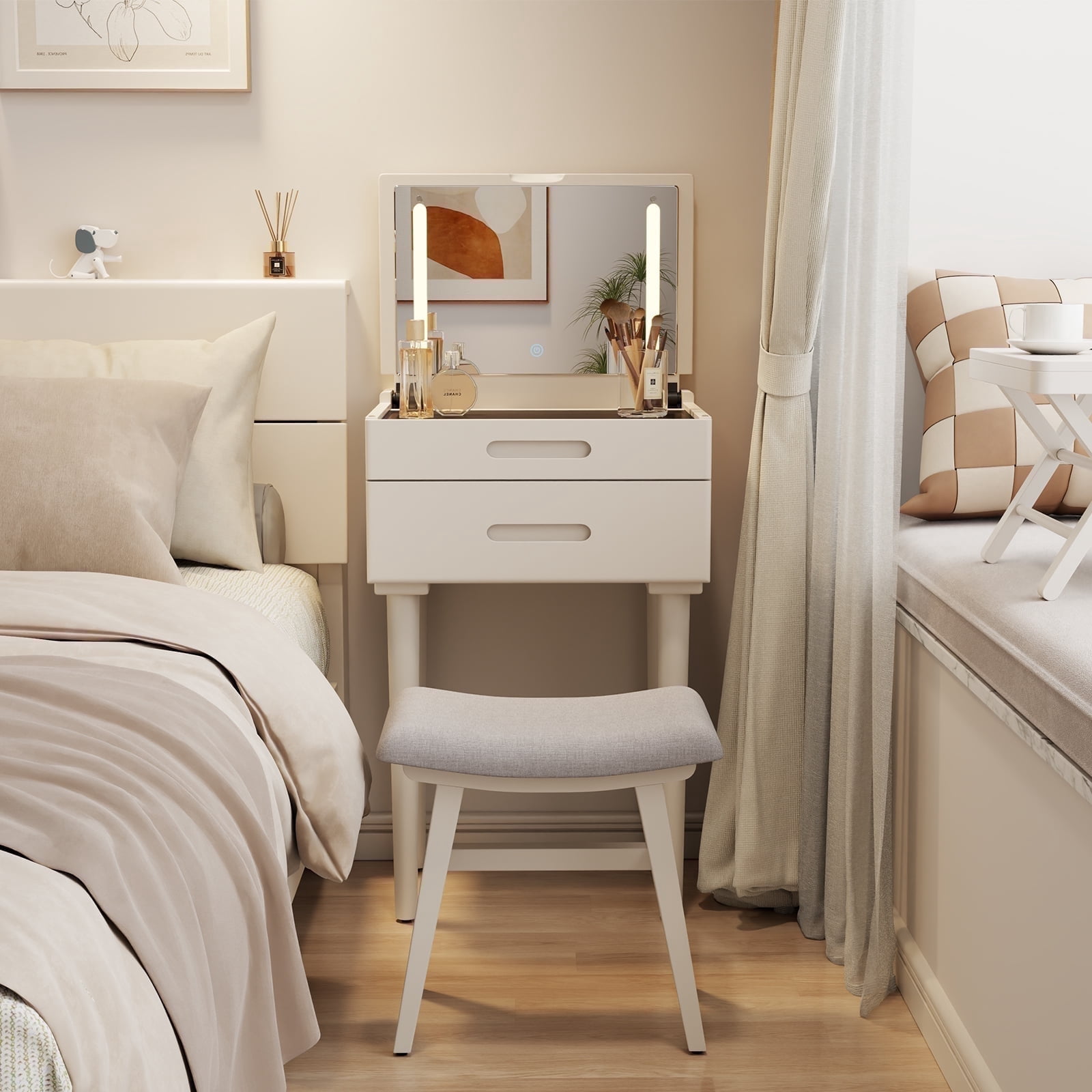Muwuele Solid Wood Small Vanity Desk with Mirror and Lights, Compact ...