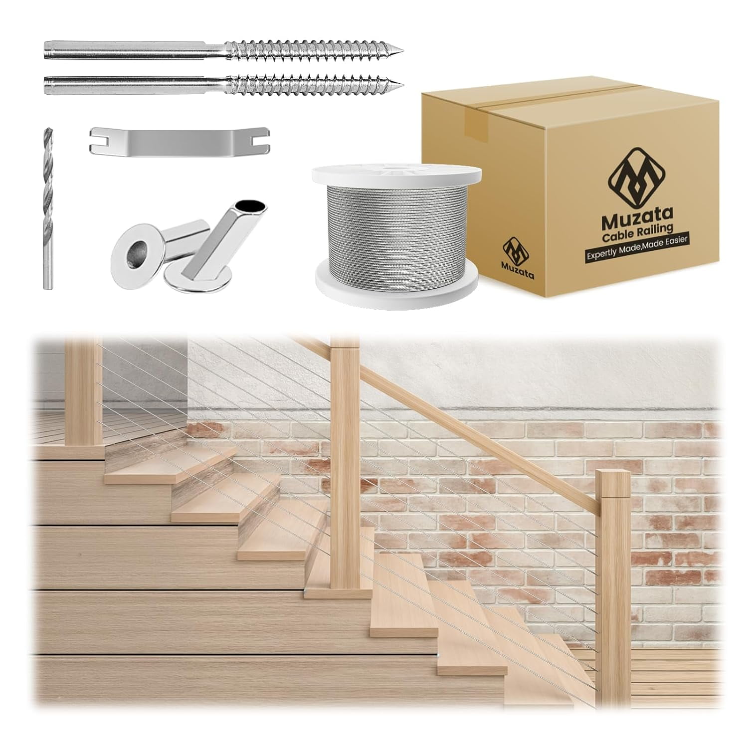 Muzata 0-10 ft Complete Set Wood Cable Railing System 1/8" Swage Lag ...
