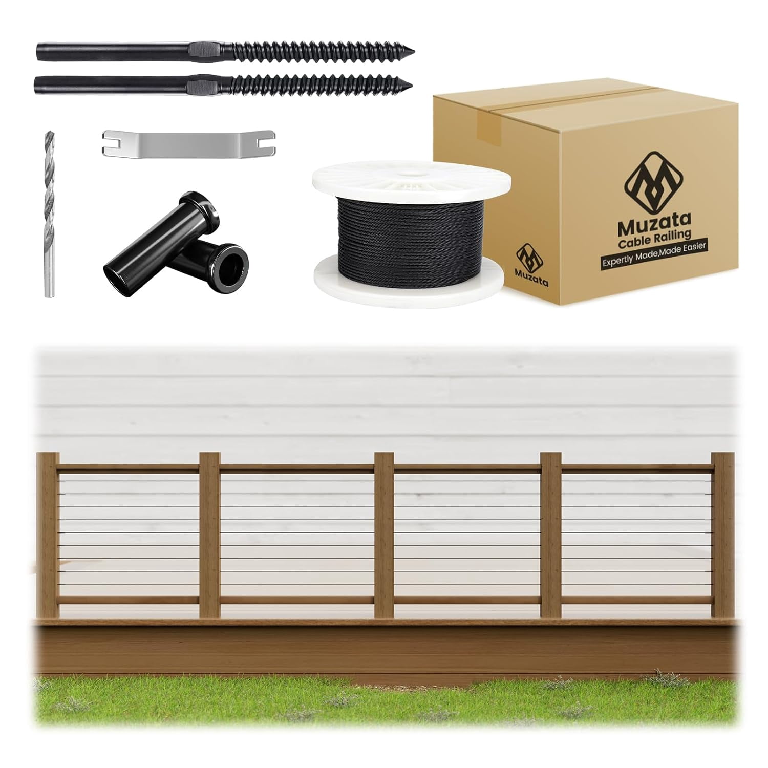 Muzata 10-20 ft Black Complete Set Wood Cable Railing System 1/8" Swage ...