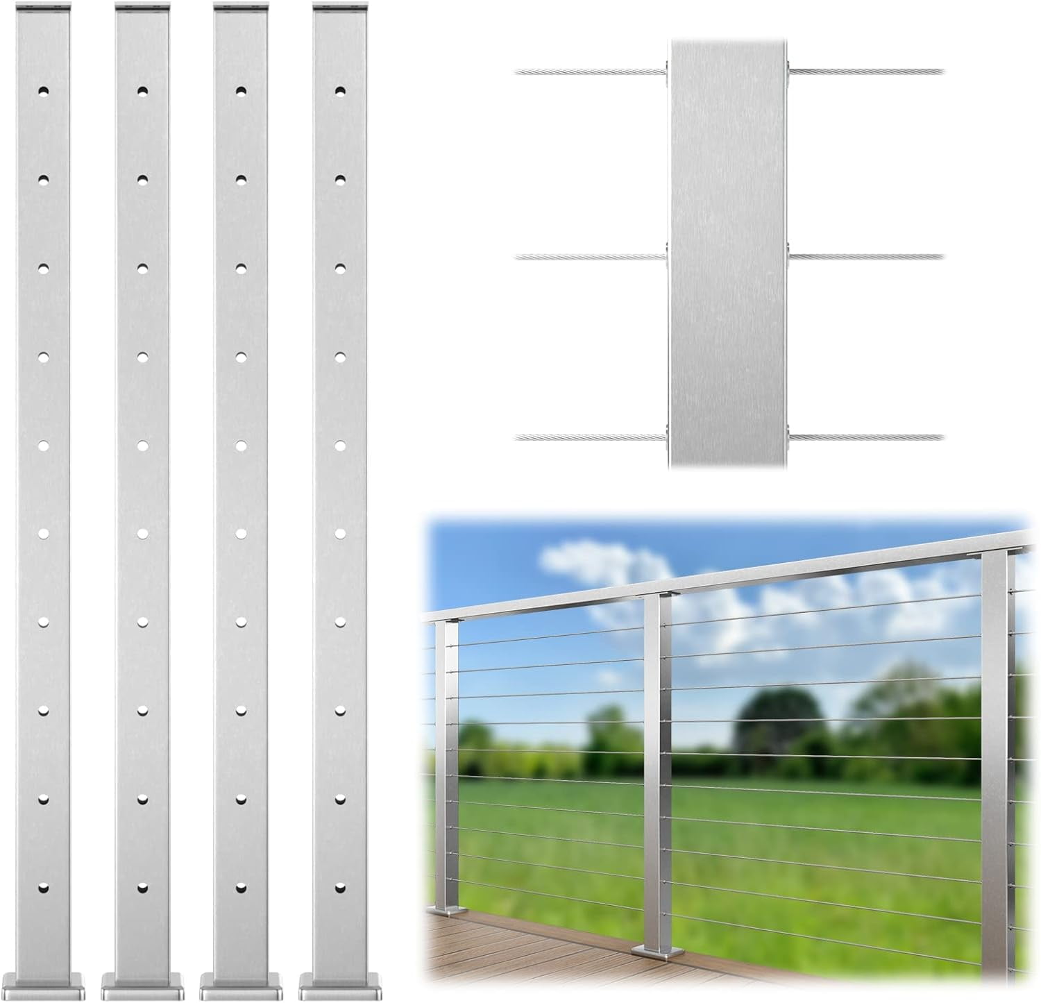 Muzata 4Pack Level drilled Cable Railing Post 36"x2"x2" Fixed top Level ...