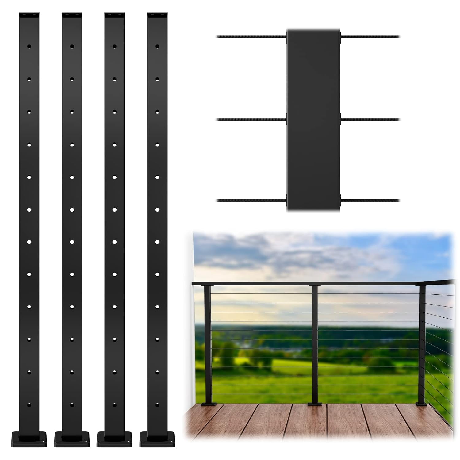 Muzata 4Pack Level drilled Cable Railing Post 42"x2"x2" Fixed top Level ...
