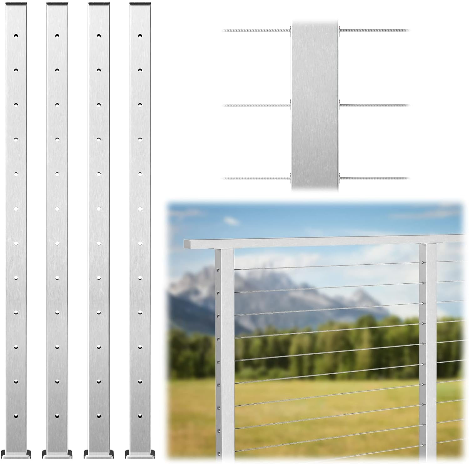 Muzata 4Pack Level drilled Cable Railing Post 42"x2"x2" Fixed top Level ...