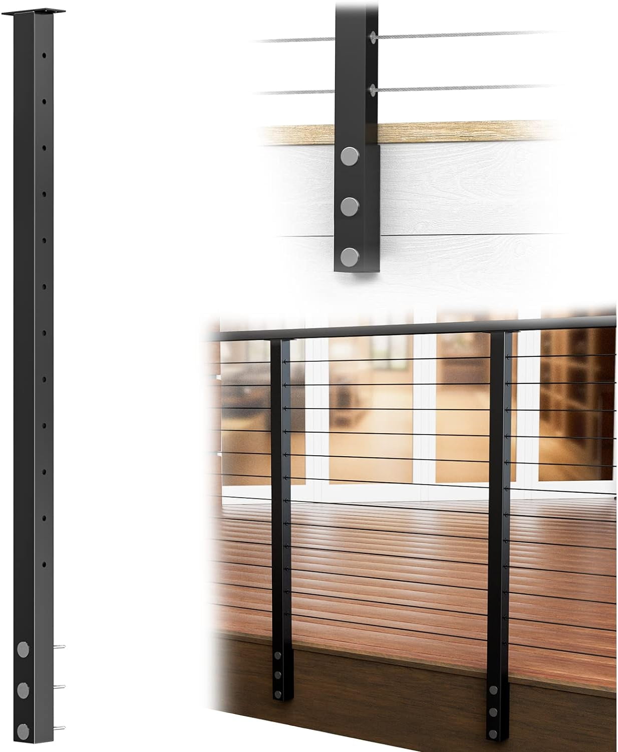 Muzata Level drilled Side Mount Post 42"x2"x2" Fixed Top Cable Railing ...