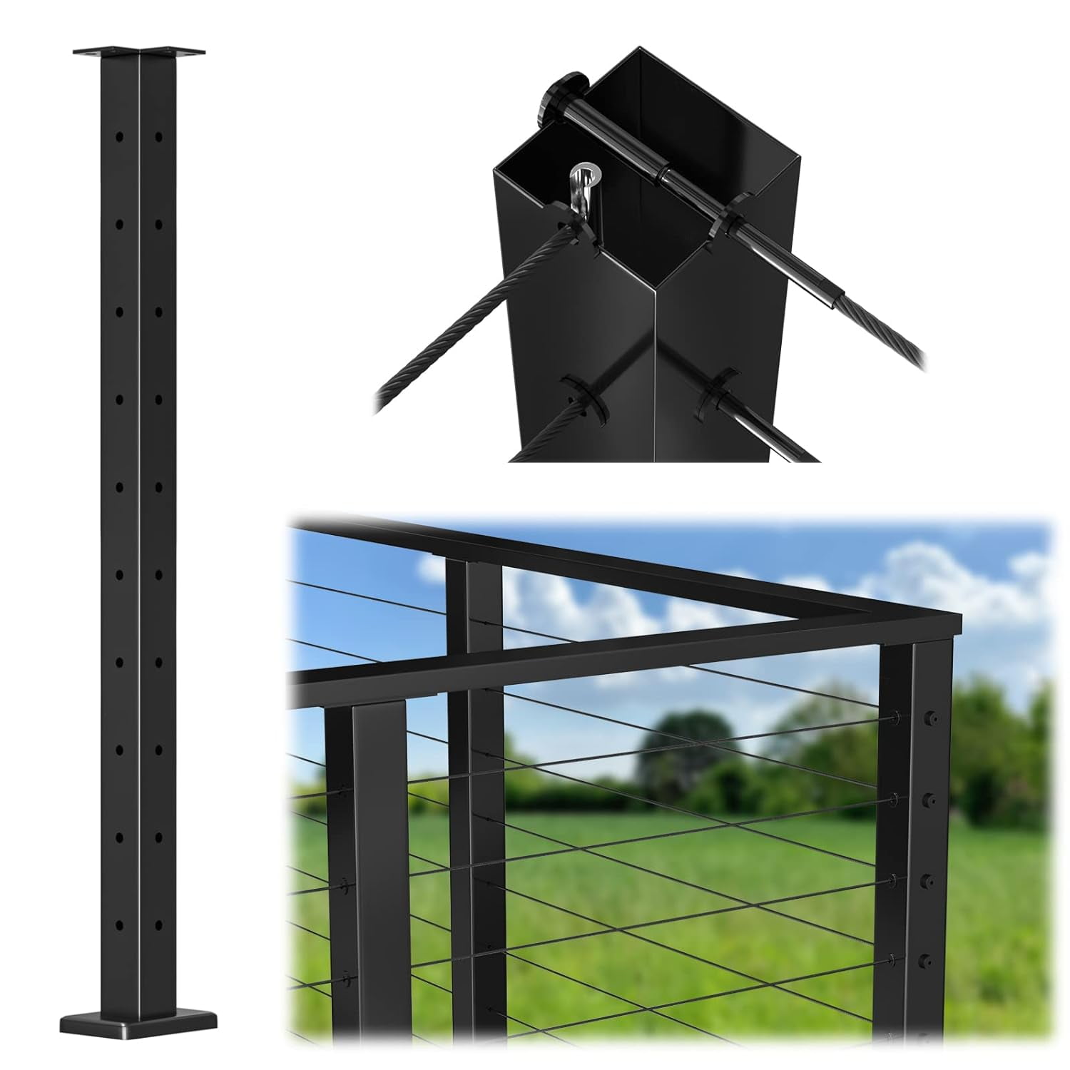 Muzata T-drilled Three Sides Post 36"x2"x2" Fixed Top Cable Railing ...