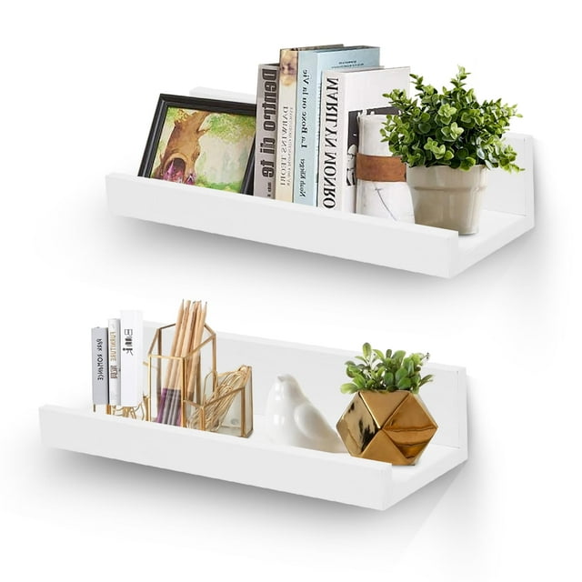 Muzilife 12-Inch Wood Floating Shelves Set of 2, Wall-Mounted with LED ...