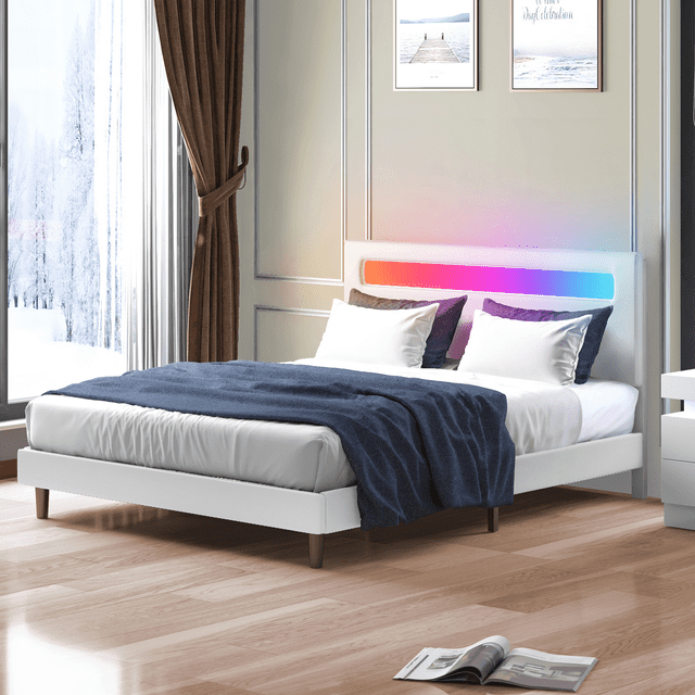 Muzz Full Size LED Bed Frame - Modern White Upholstered Faux Leather ...
