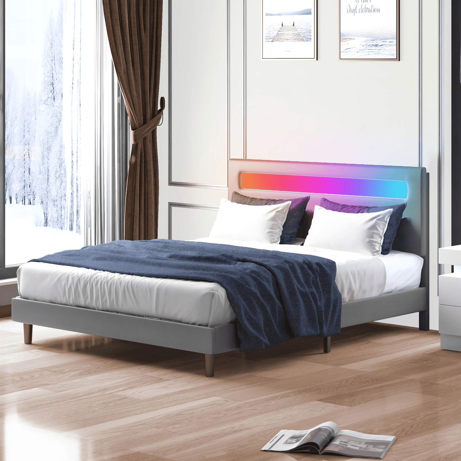 Muzz King Size LED Bed Frame - Modern Grey Upholstered Faux Leather ...