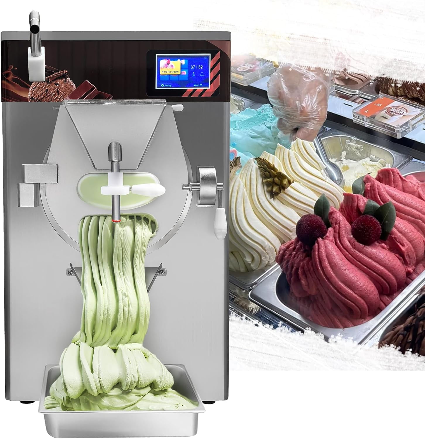 Mvckyi Gelato Ice Cream Machine, 12L 13 Gal/H Hard Ice Cream Maker Commercial, Batch Freezer ...