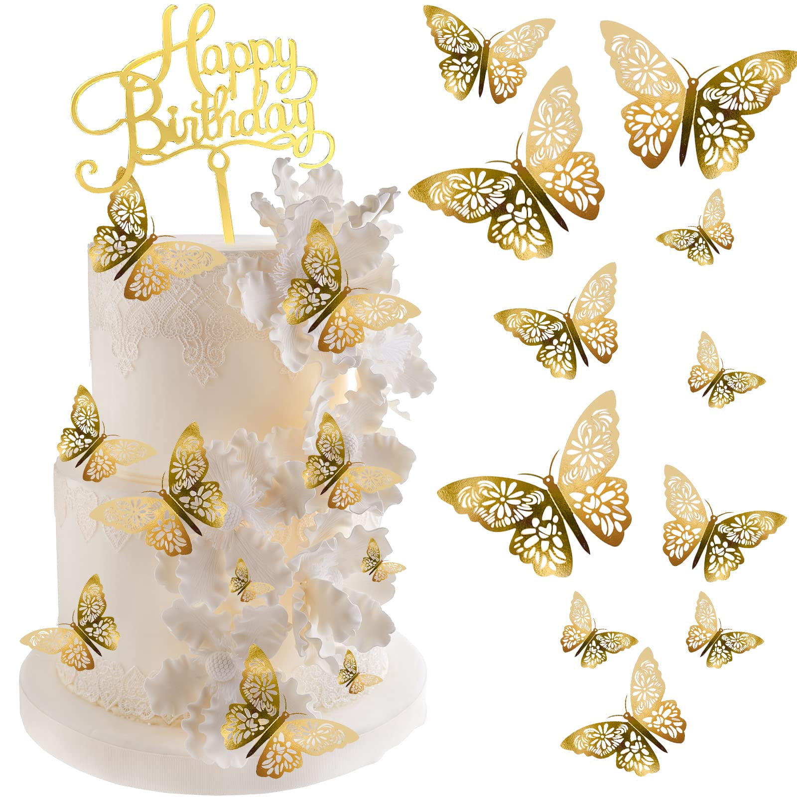Mvwarj Gold Butterfly Cake Decorations, 24 AIS1 Pcs 3D Butterfly Cake ...