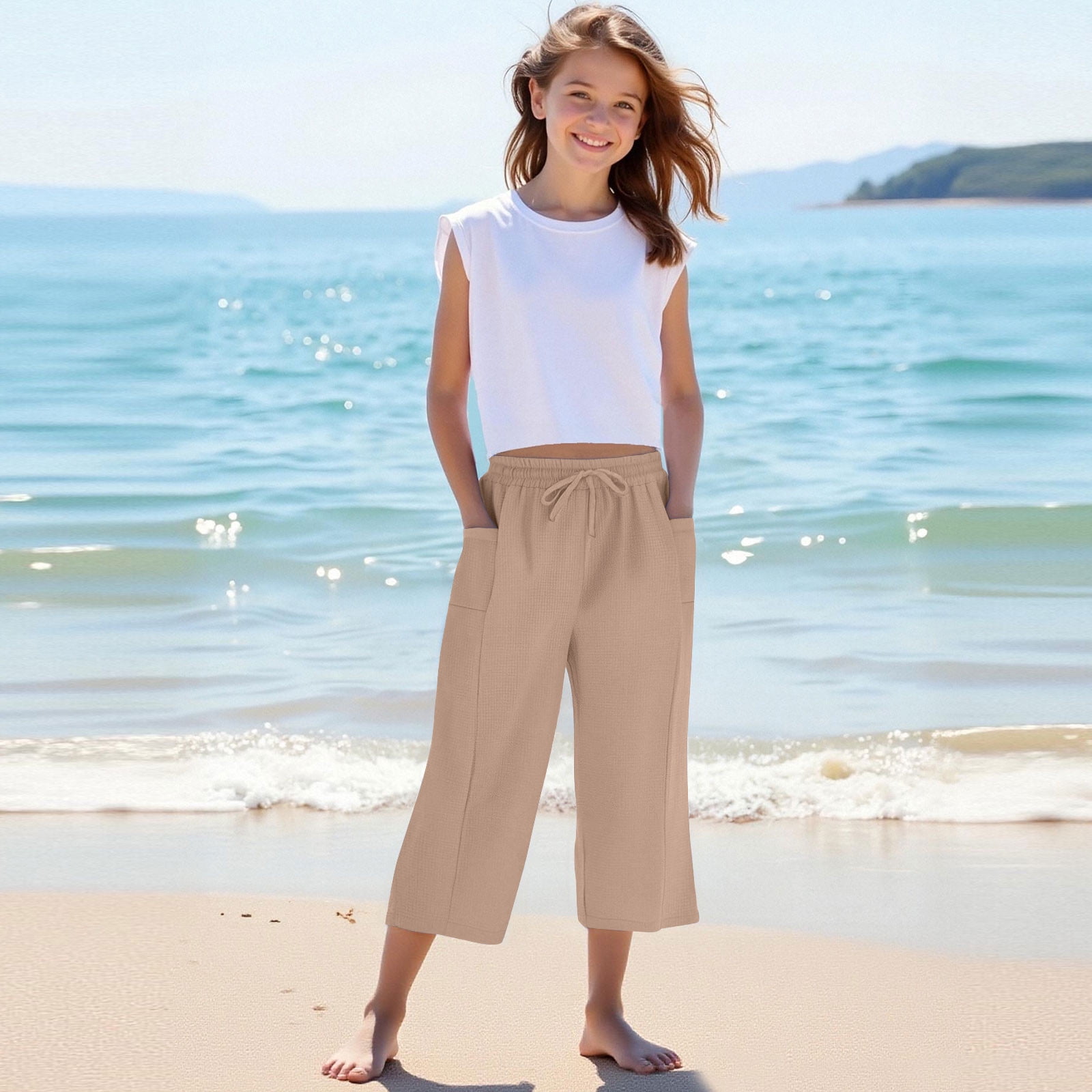 Mwjwdo Girls Cotton Linen Capri Pants Casual Summer Loose Comfy Elastic ...