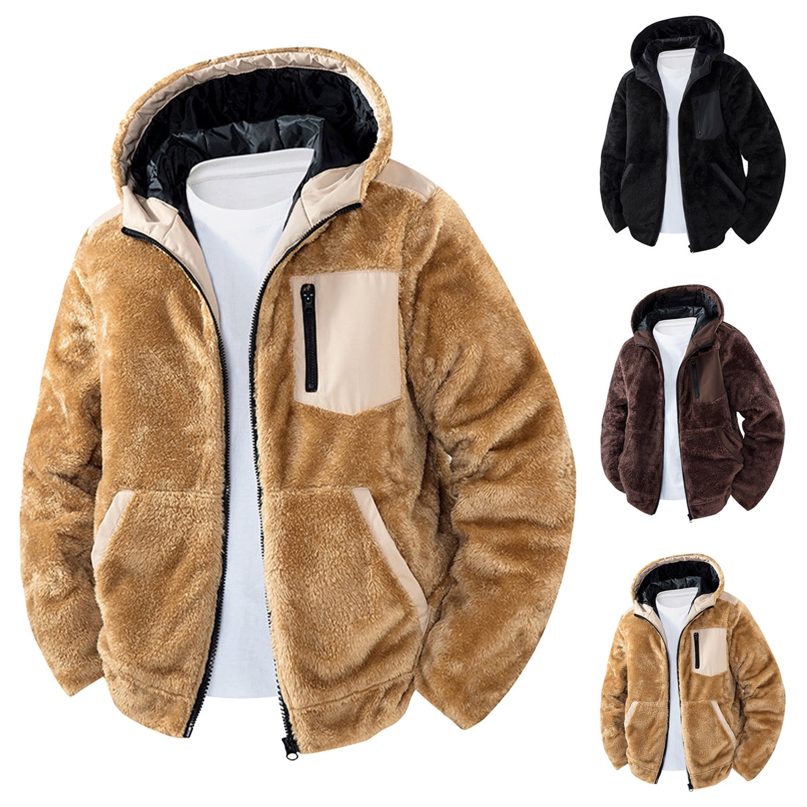 Mwjwdo Sherpa Jacket Men Fuzzy Fleece Long Sleeve Full-Zip Hooded Shirt ...