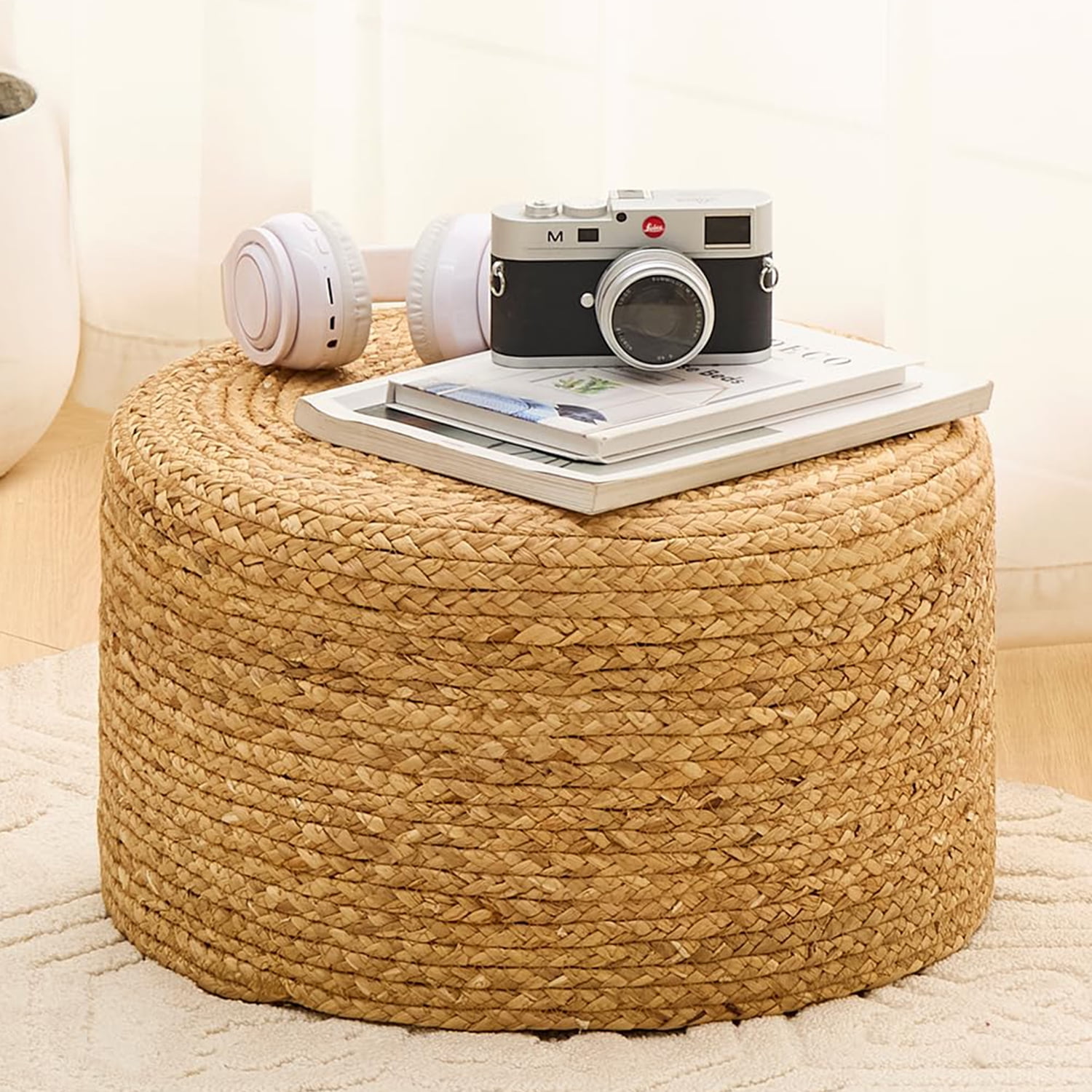 Mxfurhawa Hand-Knitted Round Pouf Ottoman – Natural Boho Footrest ...