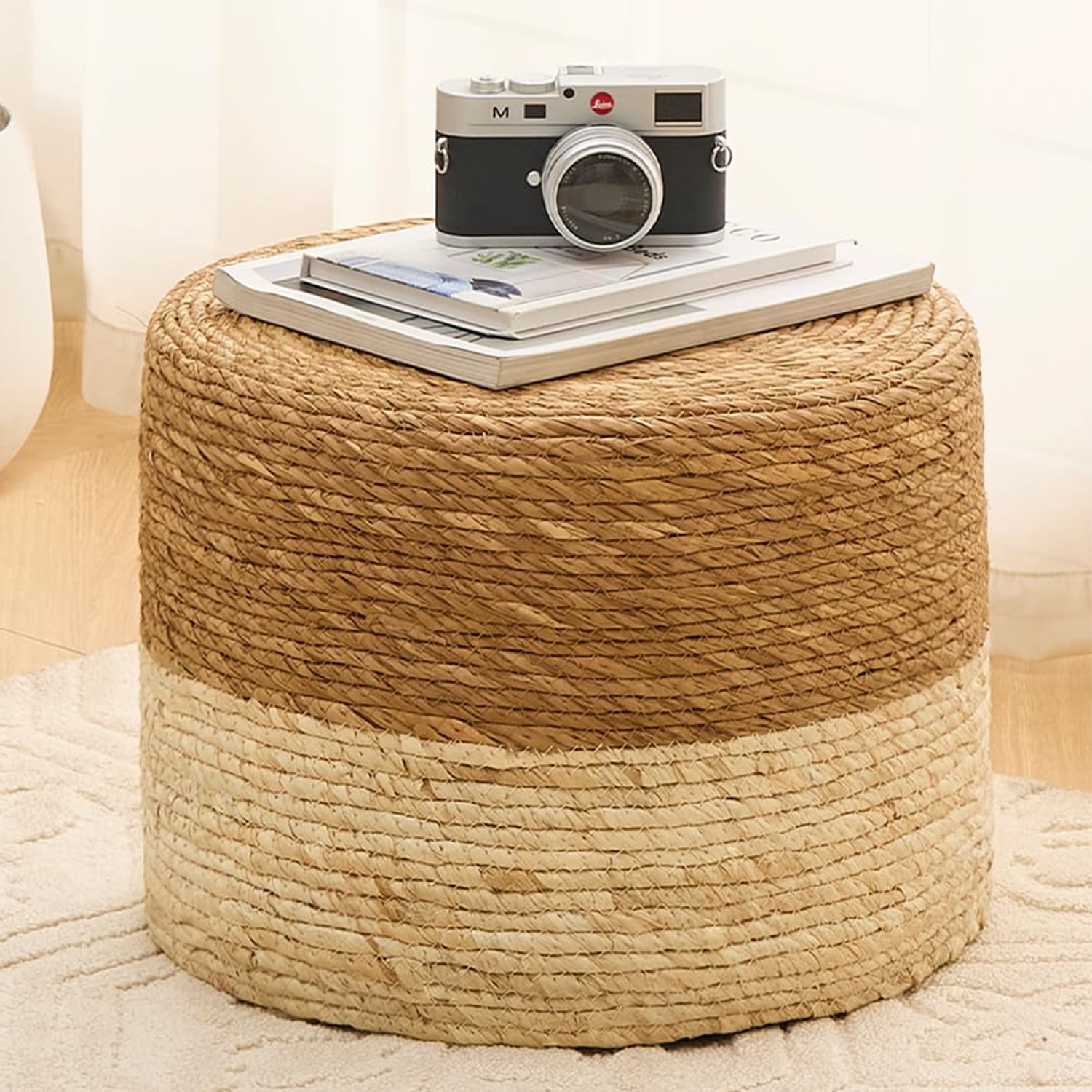 Mxfurhawa Natural Hand-Knitted Round Pouf Ottoman – Rustic Boho ...