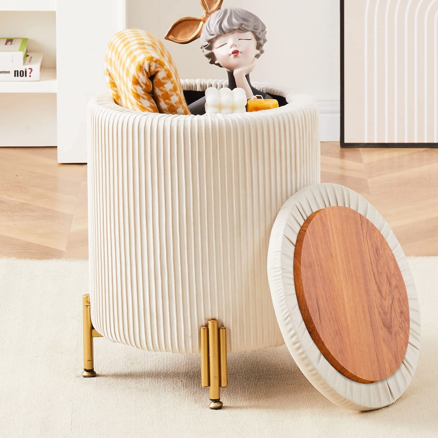 Mxfurhawa Round Ottoman Foot Stool with Storage and Metal Legs for ...