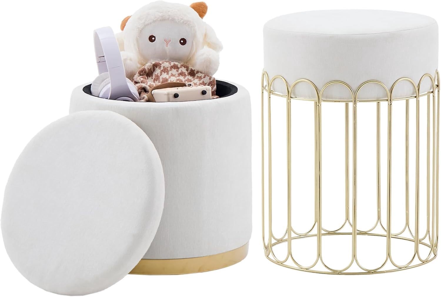 Mxfurhawa Set of 2 Round Storage Ottoman,Vanity Stool with Removable ...