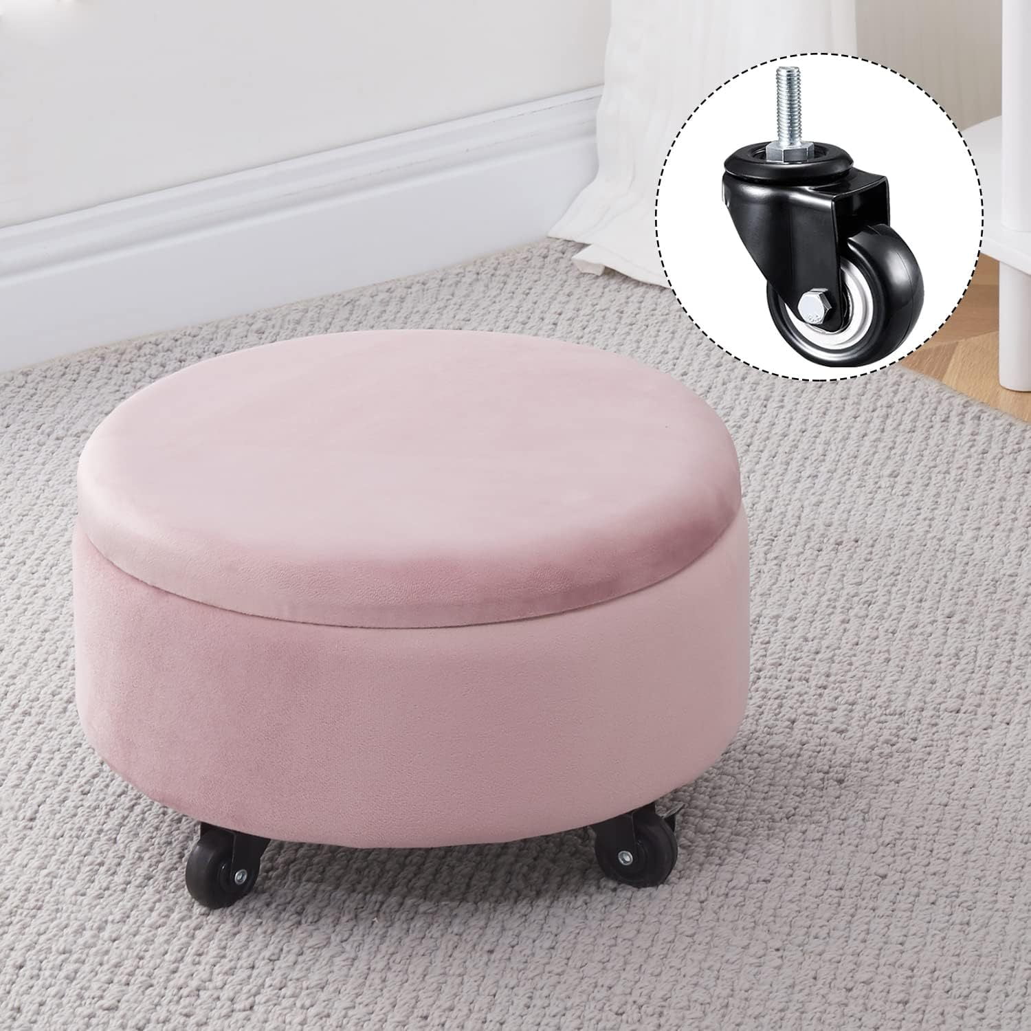 Mxfurhawa Velvet Storage Ottoman Round Wheel Stool Rolling Ottoman with ...