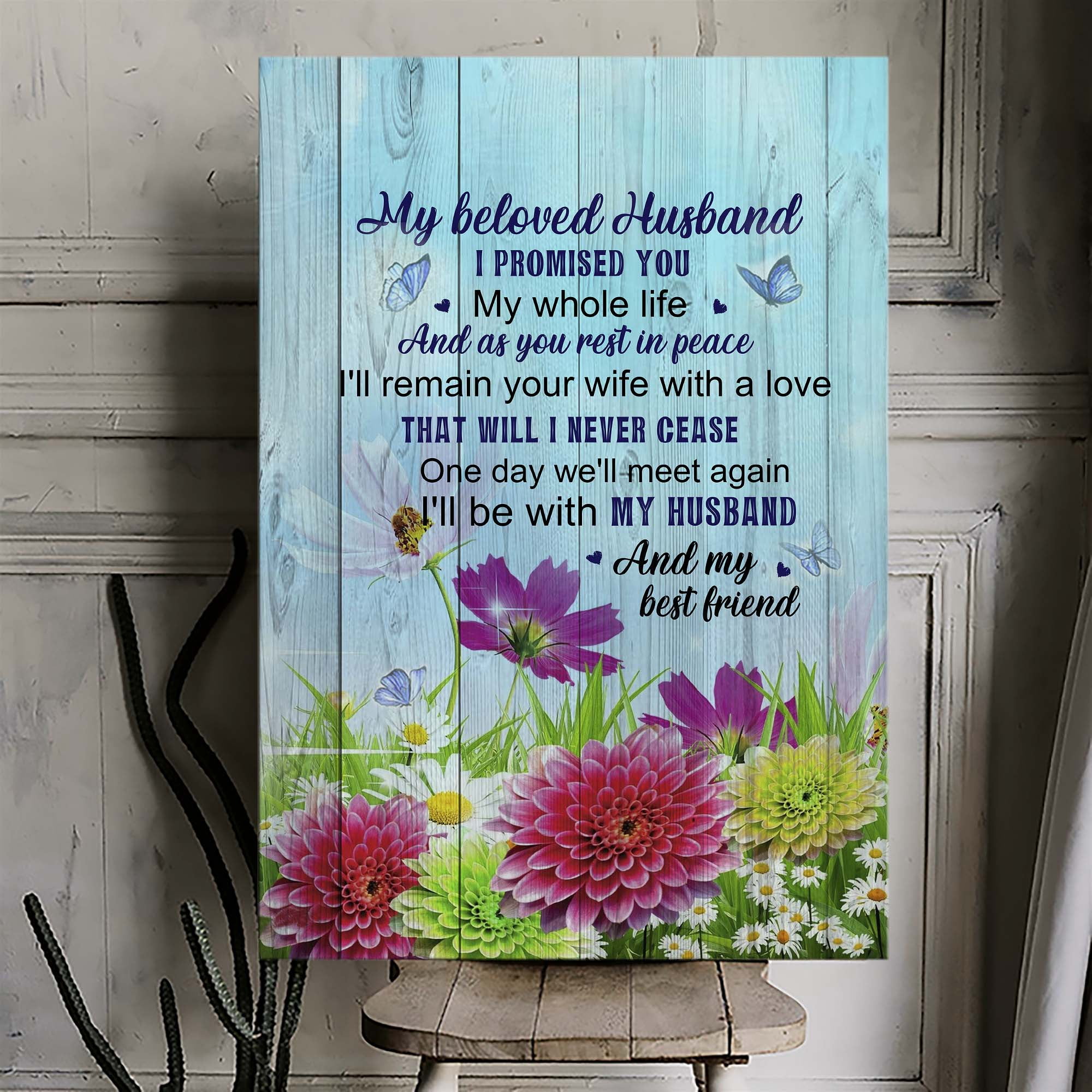 My Beloved Husband Memorial Canvas – Floral Field & Butterfly Wall Art, Grieving Wife Tribute ...
