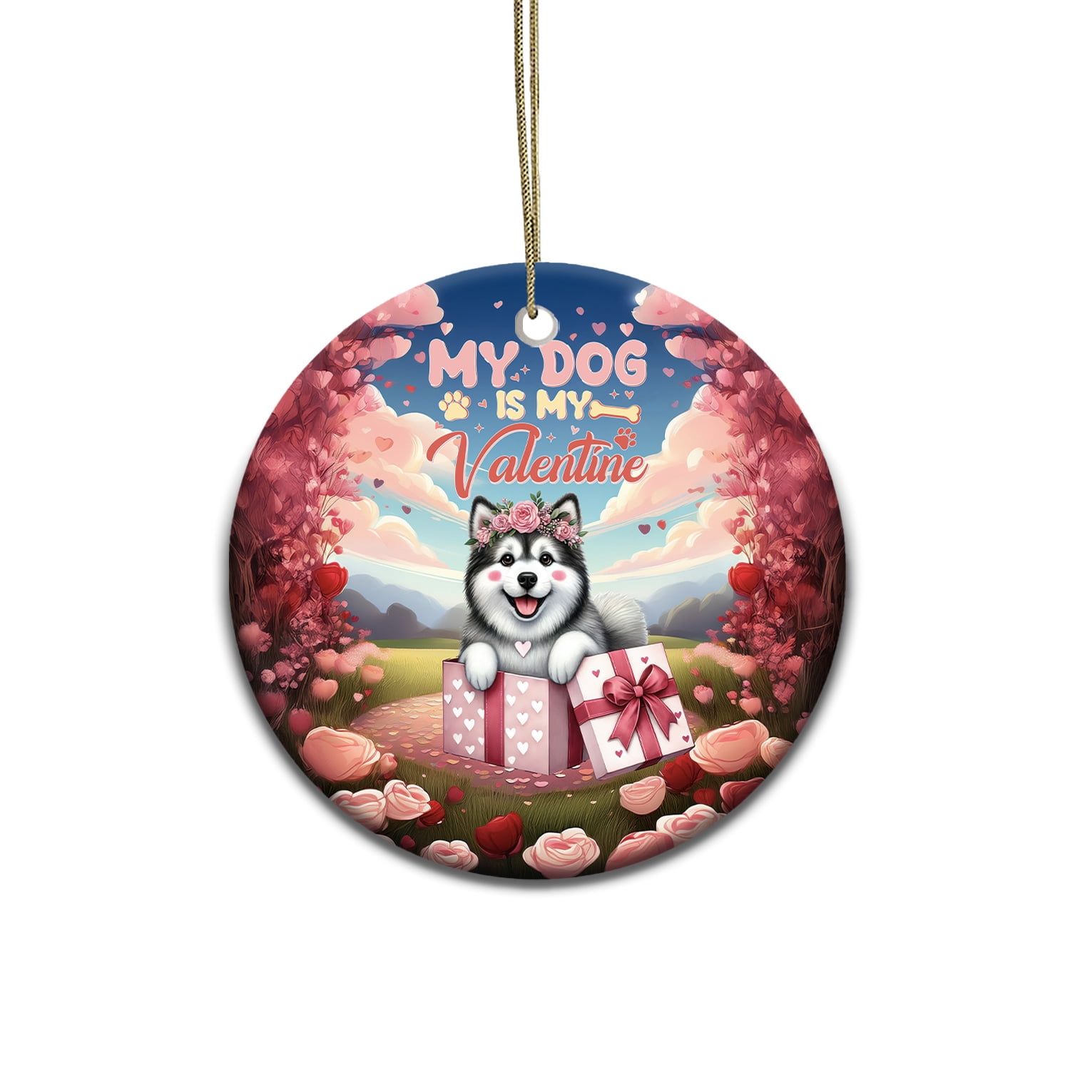 My Dog Is My Valentine Cute Alaskan Malamute in Gift Box Ceramic Round ...