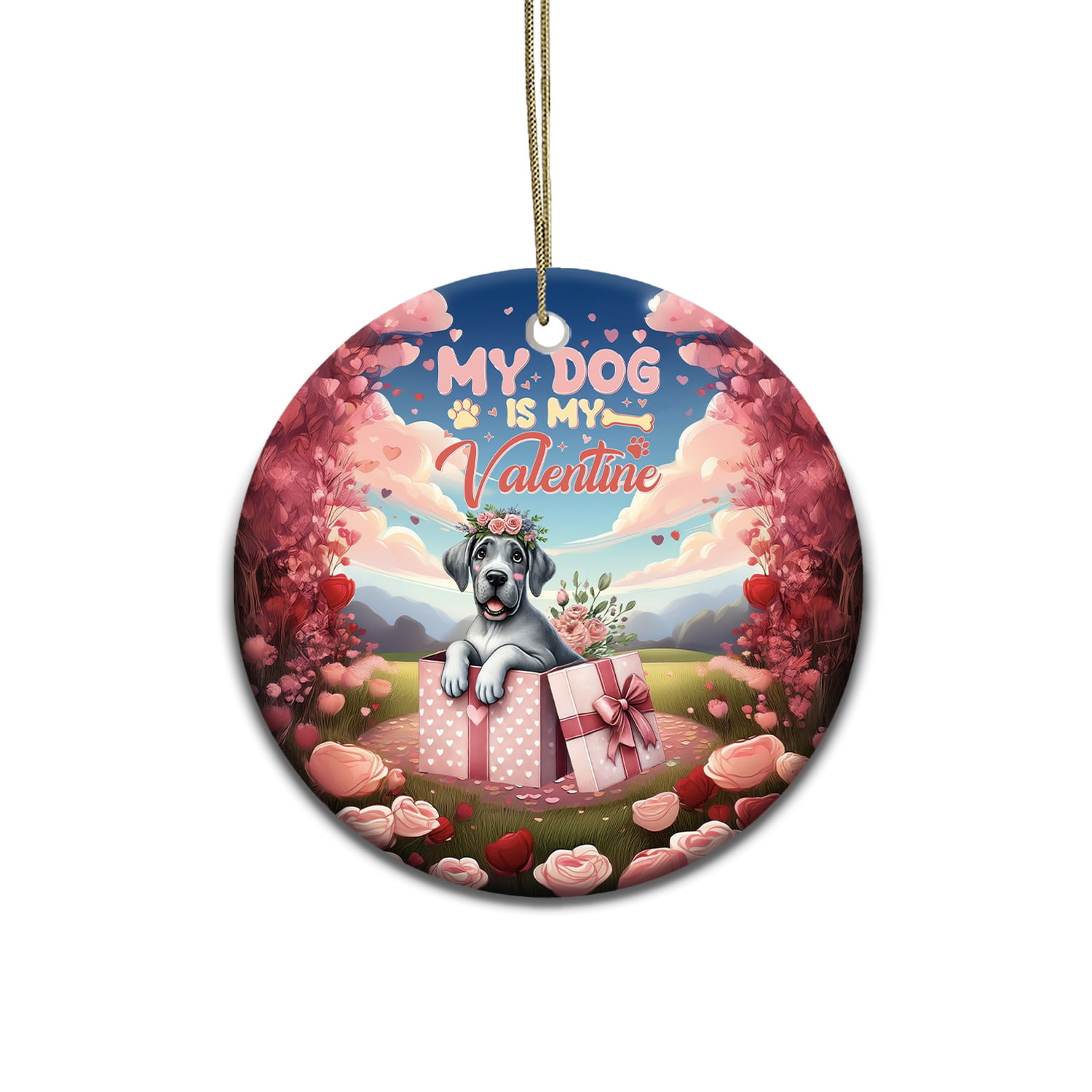 My Dog Is My Valentine Cute Great Dane in Gift Box Ceramic Round ...