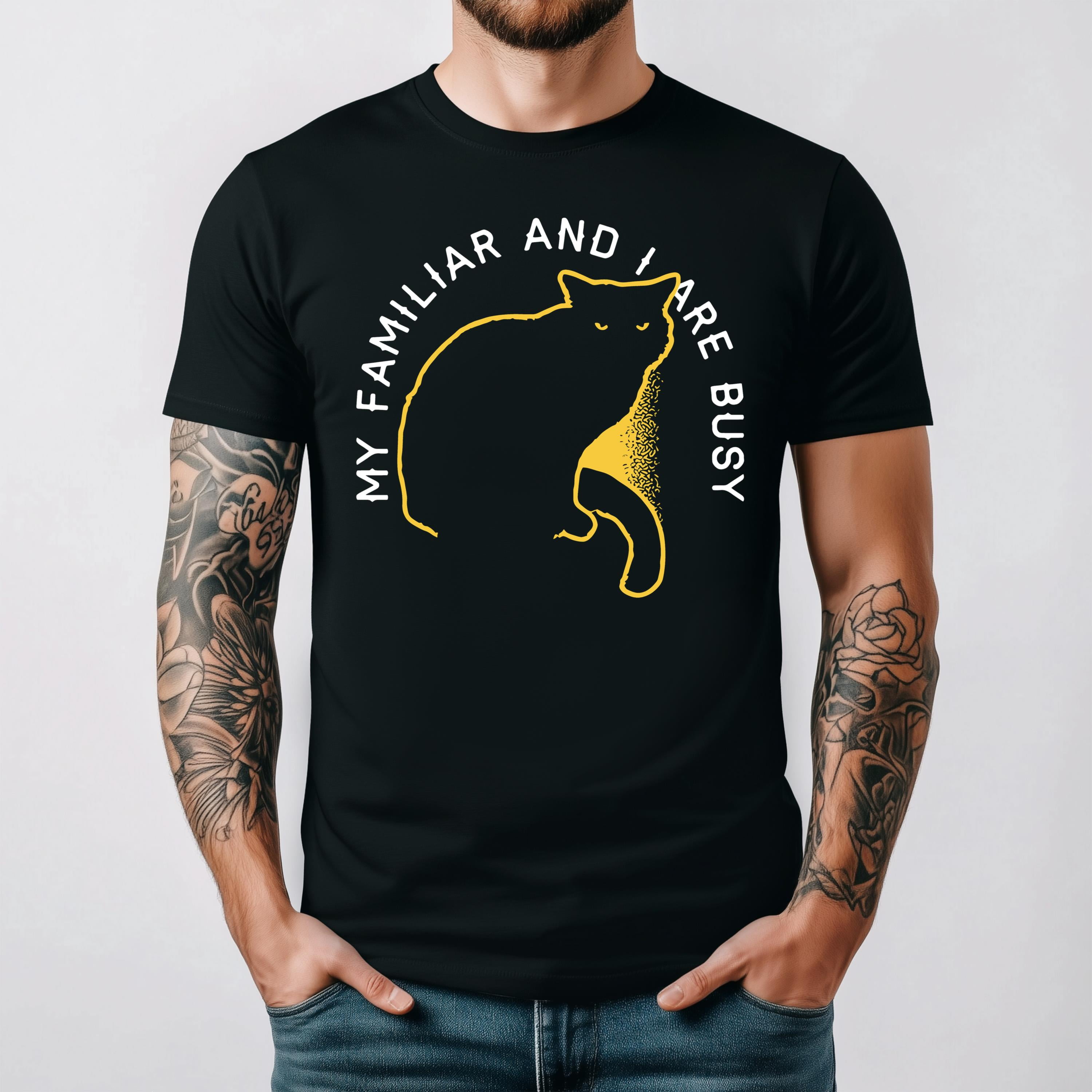 My Familiar And I Are Busy Witch Wicca Pagan Cat Humor T Shirt, for men ...
