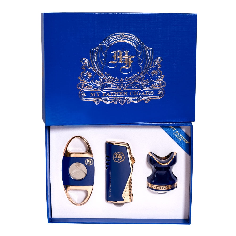Mike’s Cigars Lighter, Cutter, Holder Gift Set, Blue and Gold Design ...