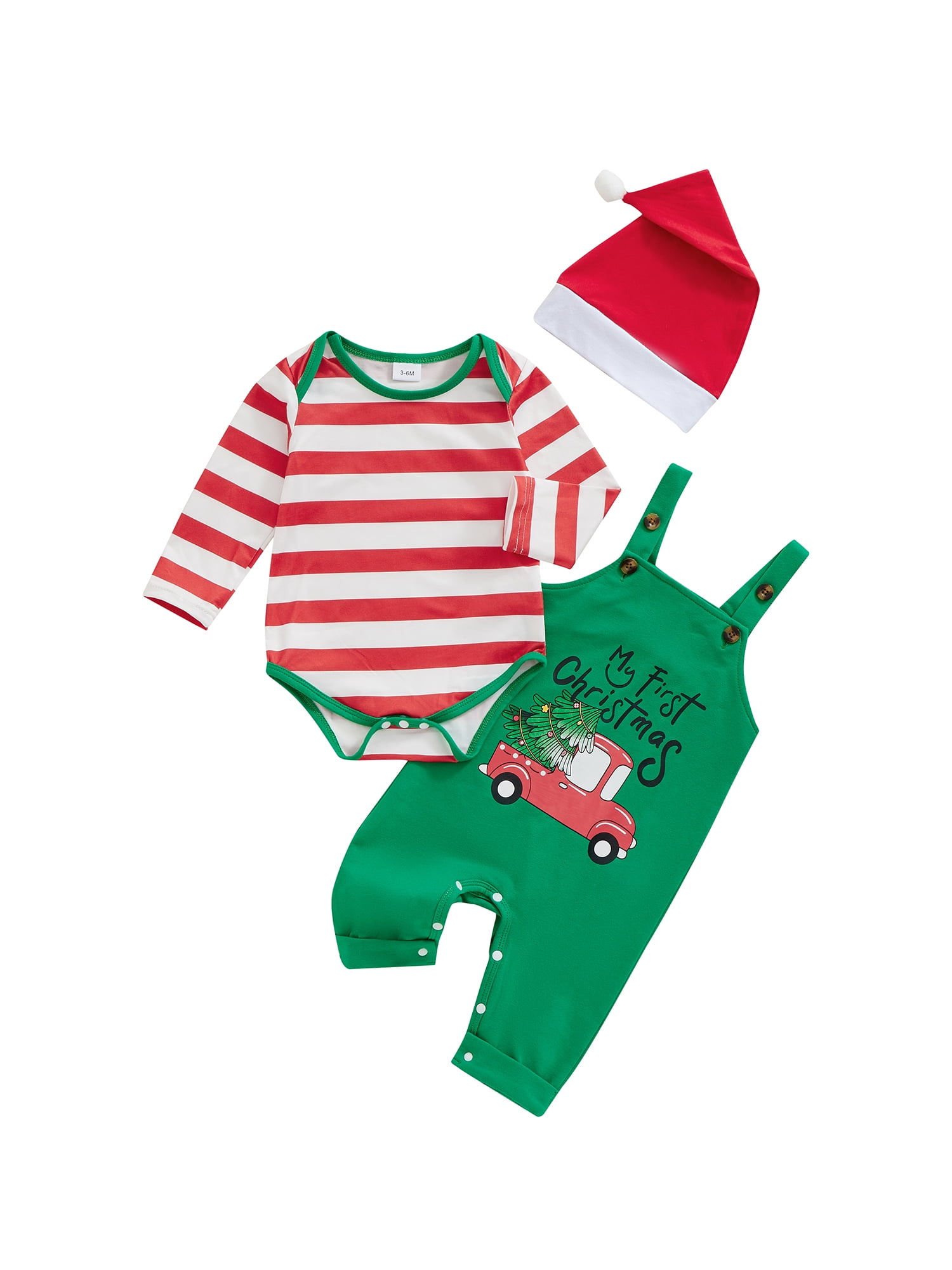 My First Christmas Baby Boy Outfits Striped Romper +Tractor Suspender ...