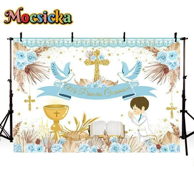 My First Communion Backdrop Girl Boy Baptism Birthday Party Gold Cross ...