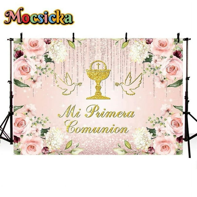 My First Communion Backdrop Girl Boy Baptism Birthday Party Gold Cross ...