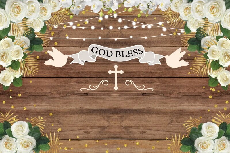 My First Communion Backdrop Gold Cross Grail God Bless Flower Wooden ...