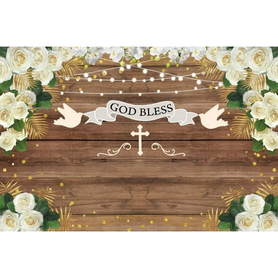 My First Communion Backdrop Gold Cross Grail God Bless Flower Wooden ...