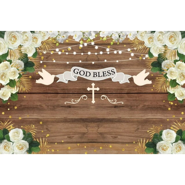 My First Communion Backdrop Gold Cross Grail God Bless Flower Wooden ...
