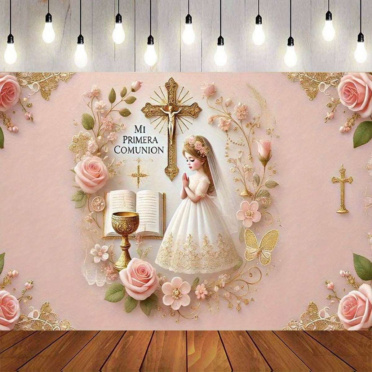 My First Communion Backdrop Pink Baptism Party Decorations for Girls Mi Primera Comunion God ...