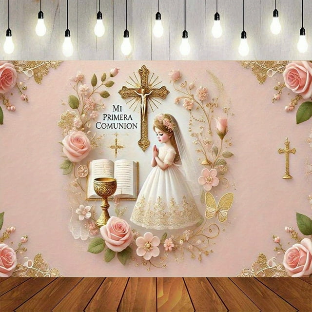 My First Communion Backdrop Pink Baptism Party Decorations for Girls Mi ...