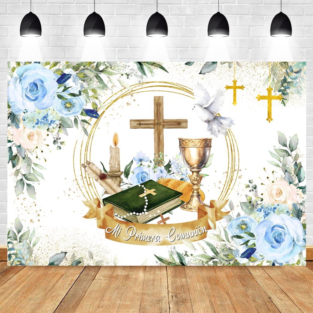 My First Communion Photography Backdrop Girl Boy Baptism Party Flowers ...