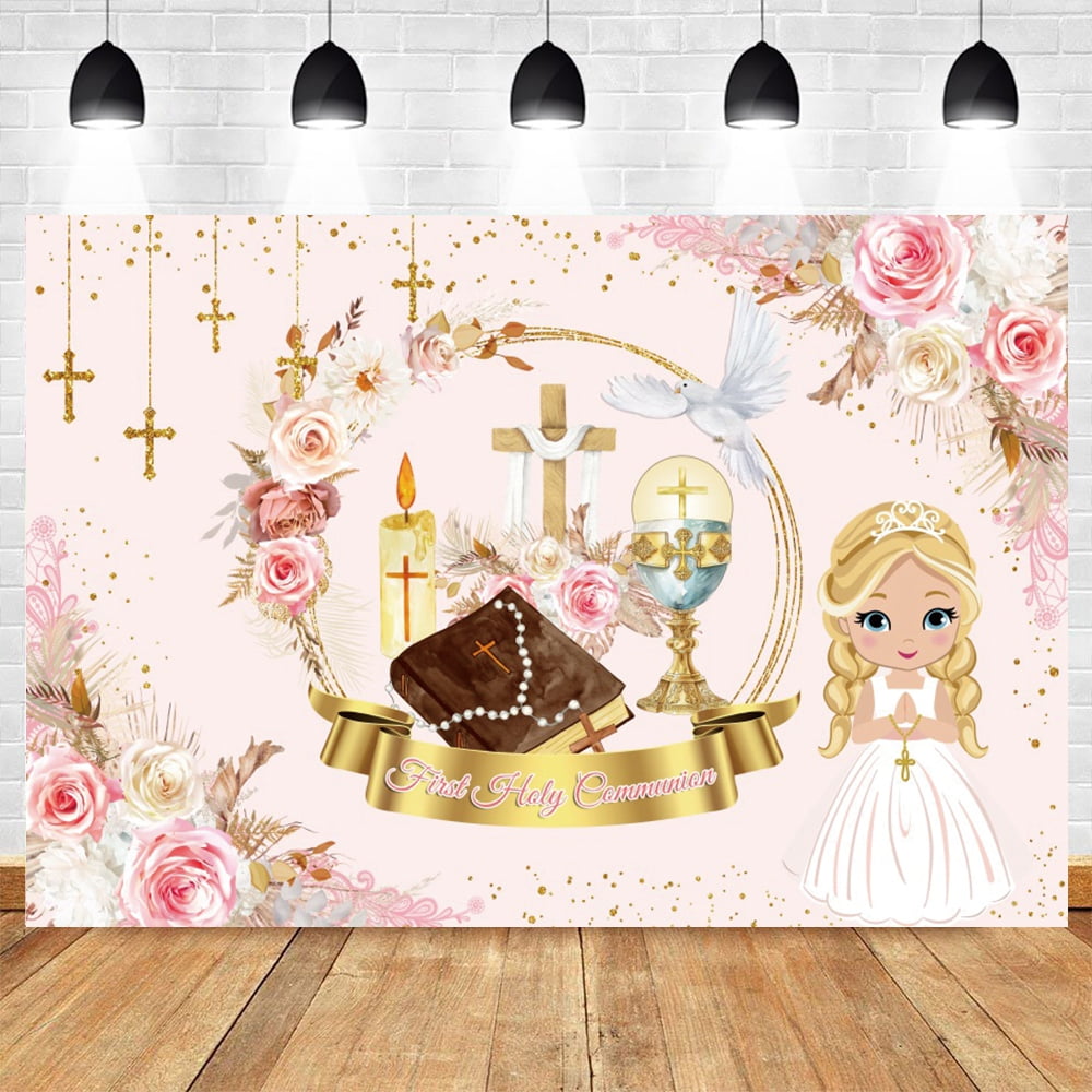 My First Communion Photography Backdrop Girl Boy Baptism Party Flowers ...