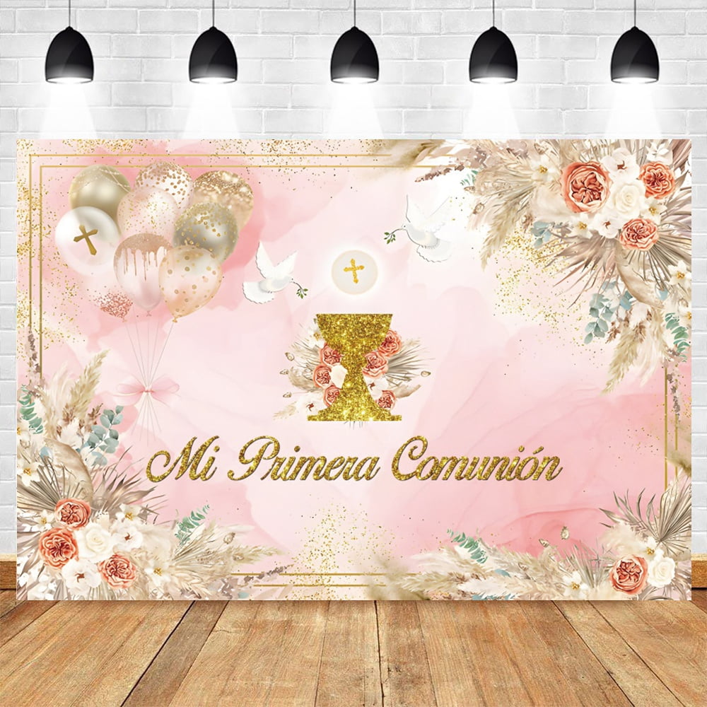 My First Communion Photography Backdrop Girl Boy Baptism Party Flowers ...