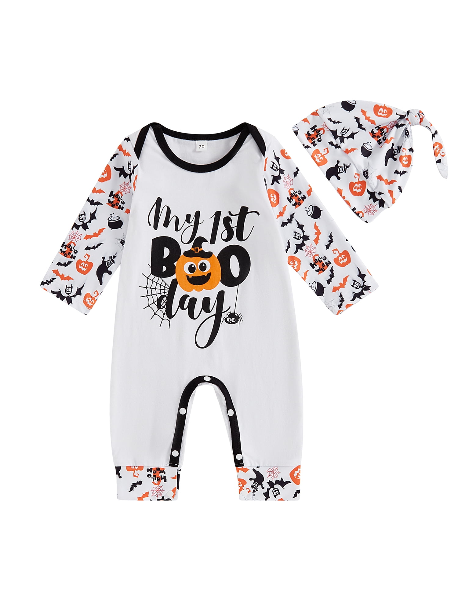 My First Halloween Baby Boy Girl Outfit Pumpkin Romper Long Sleeve Jumpsuit with Hat Newborn ...