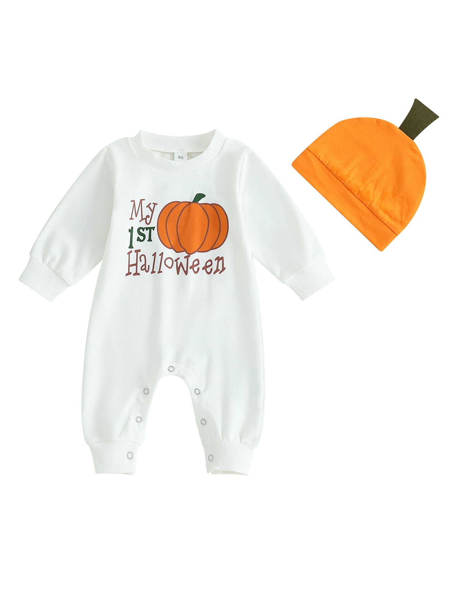 My First Halloween Baby Boy Girl Outfit Pumpkin Romper Long Sleeve Jumpsuit with Hat Newborn ...