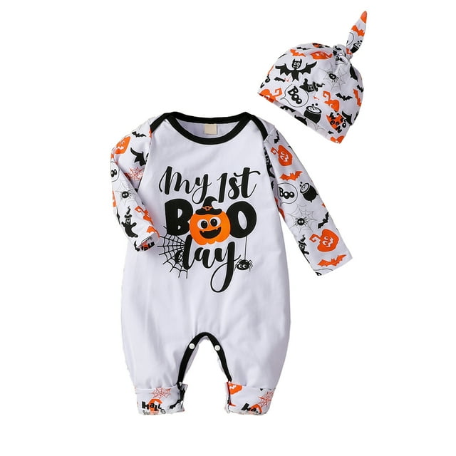My First Halloween Baby Boy Girl Outfit Pumpkin Romper Long Sleeve Jumpsuit with Hat Newborn ...