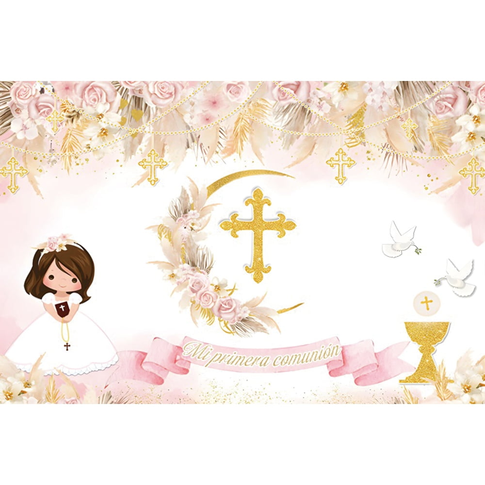 My First Holy Communion Backdrop Crucifix Gold Glitter Chalice Poster ...