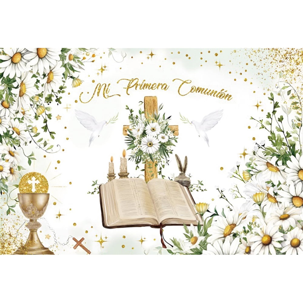 My First Holy Communion Backdrop Crucifix Gold Glitter Chalice Poster ...